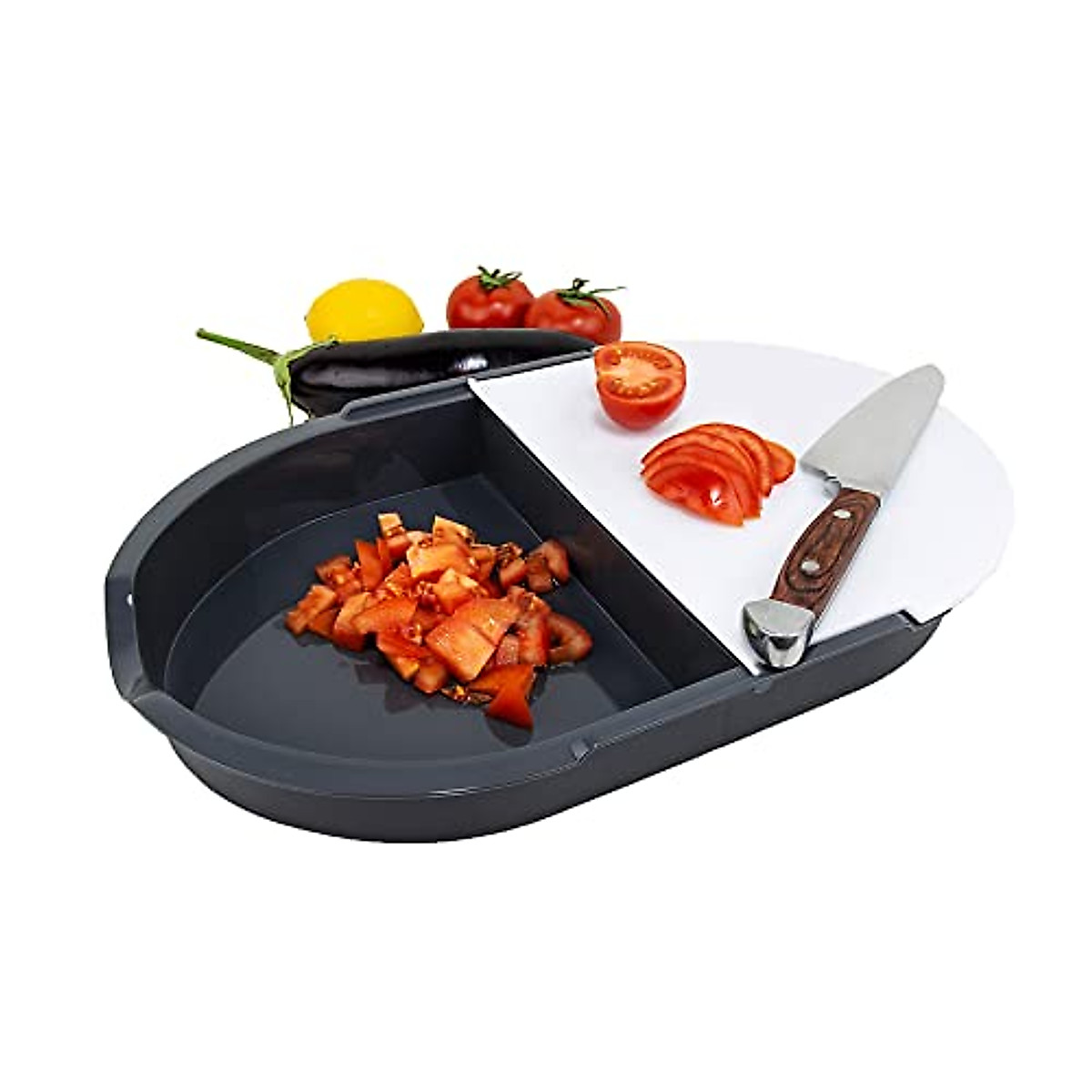 DecoBella 2-Chamber Cutting Board, Chopping Board with Food Container and Optional Strainer, Multi-Purpose Cutting Board, Countertop Easy Food Washer Strainer, Sink Cutting Board (WHITE/GRAY)