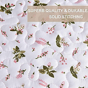 Nanko Quilt Set Queen Full Size 3 Pcs, White and Pink Floral Green Flower Pattern Bedspreads, Soft Lightweight Coverlet Bed Spreads, Farmhouse Thin Quilted Comforter Bedding Sets for Women Girls 90x90