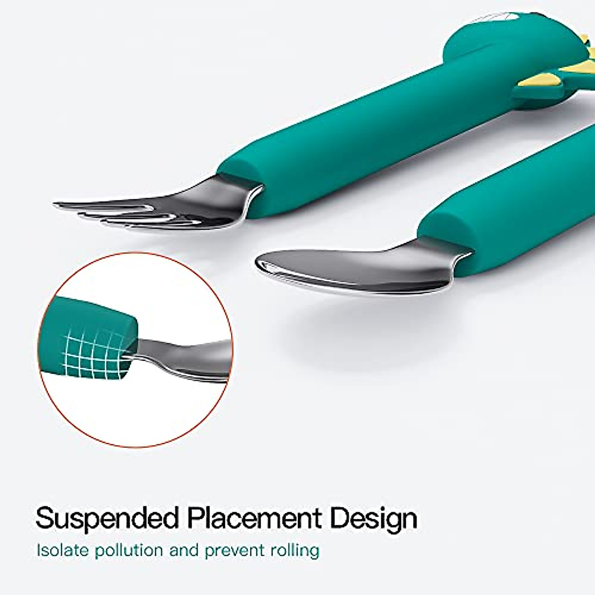 SFCCMM Baby Forks and Spoons Set Baby Training Utensils Self Feeding Toddler Silverware Silicone and Stainless Steel Kids and Toddler Utensil (Green Dinosaur - Long)