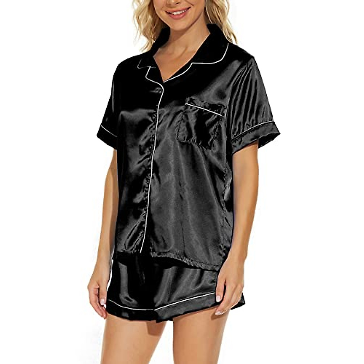 VENTELAN Women's Pajama Set Plus Size Super-Soft Short & Long Sleeve Top With Pants Two-piece Pjs Set,S Solid Black