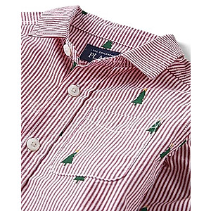 The Children's Place Baby Boy's and Toddler Poplin Long Sleeve Button Down Shirt, Red Tree Stripe, 4T