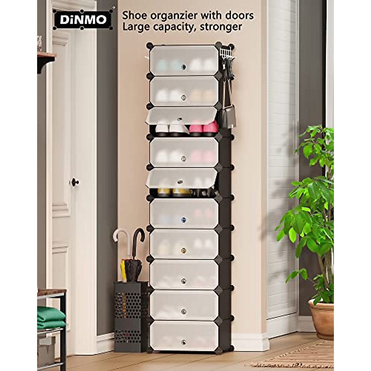 DINMO 10-Tier Shoe Rack with Doors for Entryway, 20 Pairs, Portable Plastic Cubby Shoe Shelves Organizer Unit, DIY Shoe Cabinet, Black