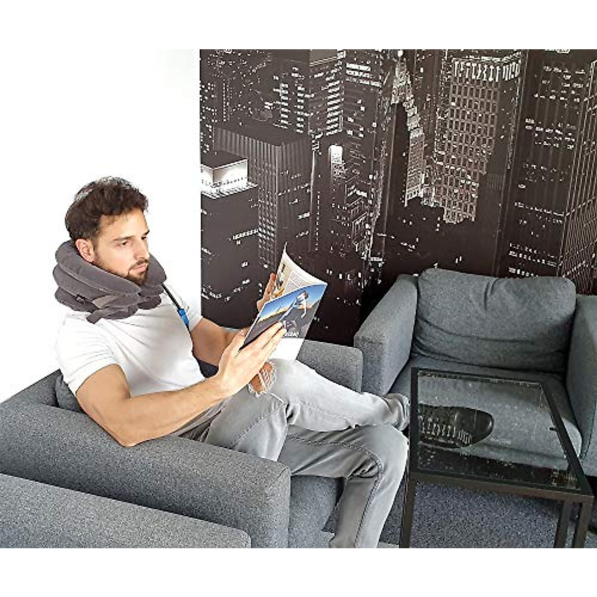 Pinched Nerve Neck Stretcher Cervical Traction Device for Home Pain Treatment | Inflatable Spinal Decompression Collar Unit Muscle Strain Injury Relief | Herniated Disc Problems Remedy Kit (Gray)