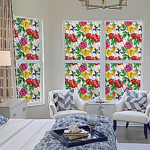 DKTIE Flower Series Stained Glass Window Film with Installation Kit, Decorative Window Privacy Film Sun Blocking Heat Control Static Cling Window Film Frosted Glass Film (A, 17.7 x 78.7 Inch)