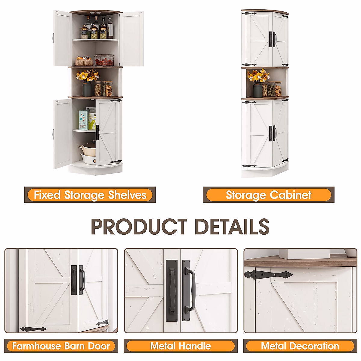 Vabches 64.8" Tall Farmhouse Corner Cabinet with 4 Doors and 5 Storage Shelves, Farmhouse Storage Cabinet with Barn Door Design, Home Space Saver for Living Room, Kitchen, Laundry Room,White