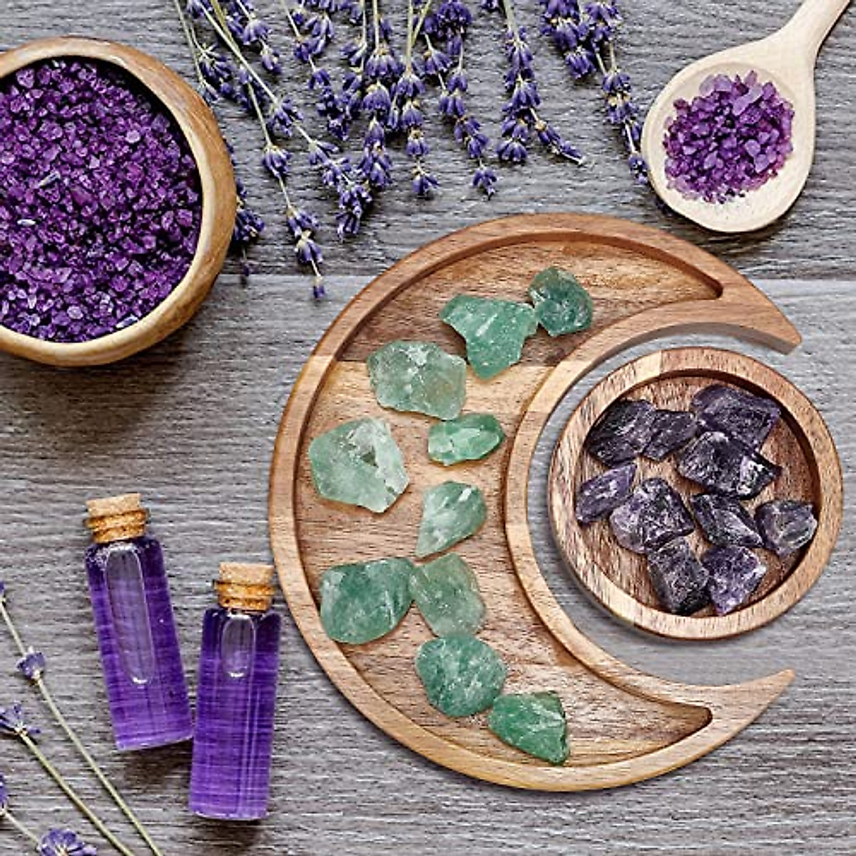 INFUNLY Crystal Holder Moon Tray Wooden Crystal Holder Round Crystal Organizer Tray Acacia Wood Trinket Dish for Rocks Jewelry Healing Crystals Storage