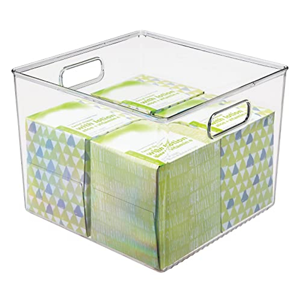 mDesign Plastic Modern Storage Organizer Bin Basket with Handles for Bathroom Organization - Shelf, Cubby, Cabinet, Vanity, and Closet Organizing Decor - Ligne Collection - 4 Pack - Clear