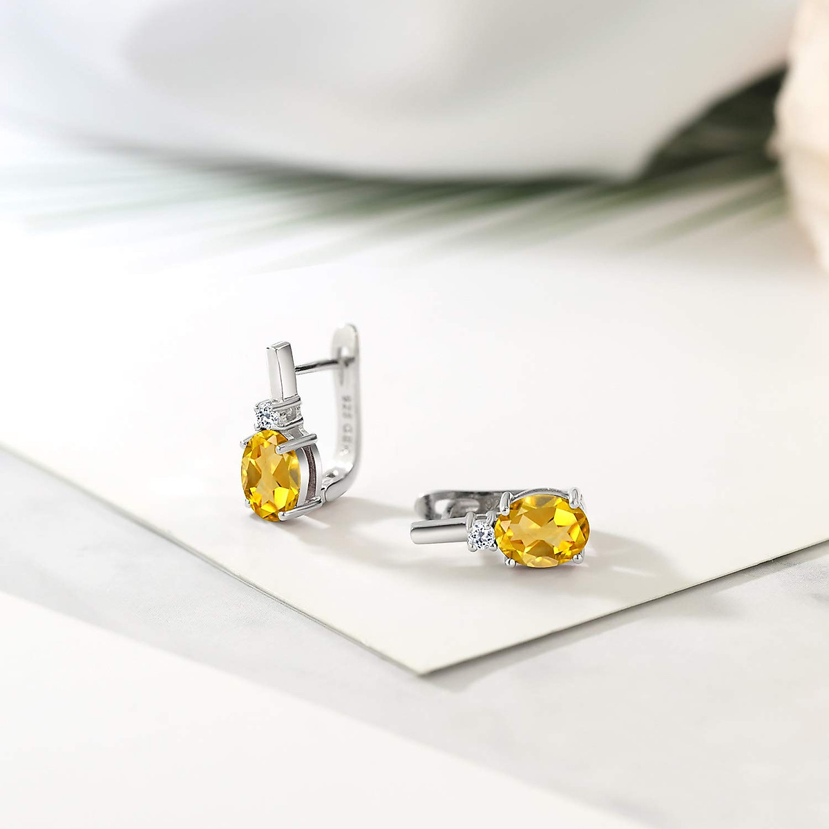 Gem Stone King 925 Sterling Silver Yellow Citrine and White Topaz Earrings For Women (2.46 Cttw, Gemstone November Birthstone, Oval 9X7MM)