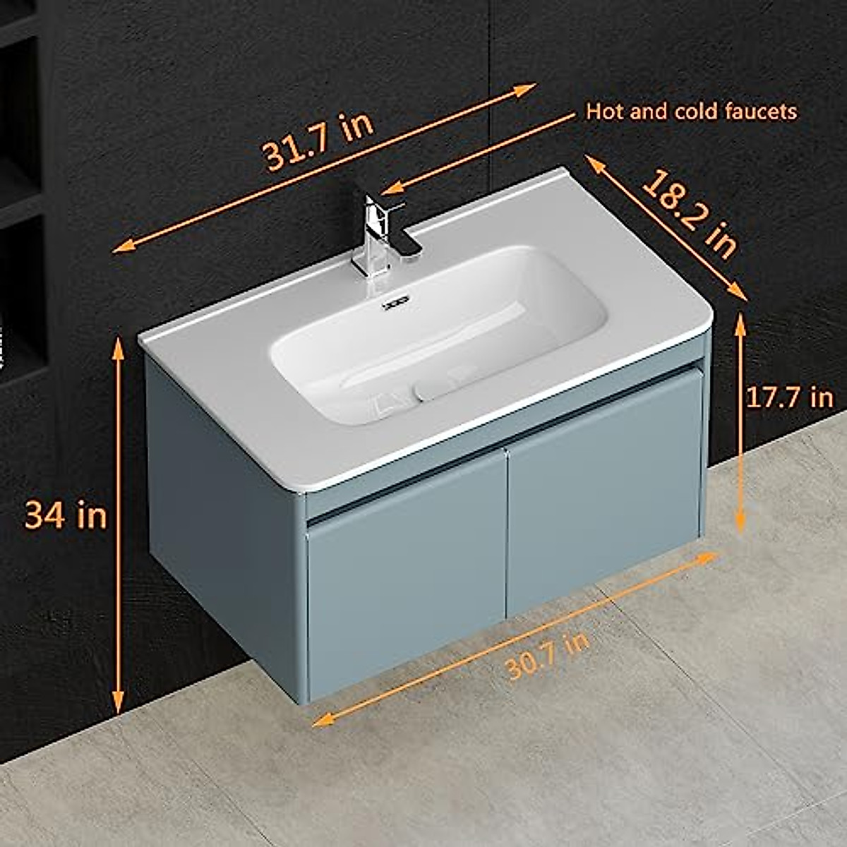 Ceramic Bathroom Vanity, Stainless Steel Bathroom Vanities, Waterproof Vanity, for Bathroom, Garage, and Garden (31.7" W, Includes Cold and Hot Faucet, Set of Accessories)