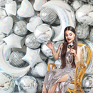KatchOn, Silver Disco Ball Balloons Decorations - 22 Inch, Pack of 6 | 4D Sphere Disco Balloons for Disco Party Decorations | 70s Party Decorations, Disco Decorations | Mamma Mia Party Decorations