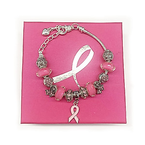 Yuvinw Pink Ribbon Breast Cancer Awareness Bracelet With Gift Box For Women