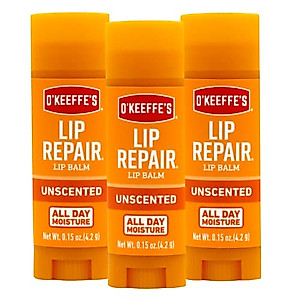 O'Keeffe's Unscented Lip Repair Lip Balm for Dry, Cracked Lips, Stick, (Pack of 3)