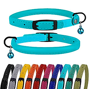 BRONZEDOG Cat Collar with Bell Safety Rolled Leather Collars for Cats Kitten Black Blue Pink Green Yellow Grey (8" - 10", Aqua Blue)