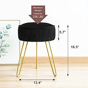 LUE BONA Pleated Vanity Stool, Velvet Upholstered Vanity Stool for Makeup Room, Round Mondern Stool for Vanity, Ottoman Footrest Stool with Metal Legs for Living Room, Bedroom, Black