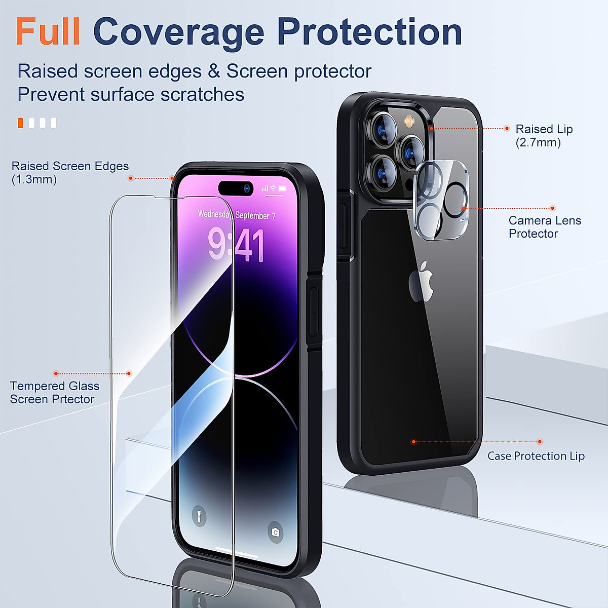 UniqueMe [5 in 1 Design for iPhone 14 Pro Max 6.7 inch Case, 2 Pack Screen Protector Tempered Glass + 2 Pack Camera Lens Protector, [Non-Yellowing] Shockproof Ultra Thin Protective Cover Clear