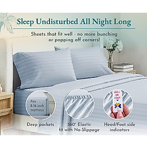 California Design Den - Finest Luxe Full Size Sheet Set Soft 100% Cotton Cooling Sheets Deep Pockets Snug Fit Elastic, 500 Thread Count, 4-Pc Set, Damask Stripe Bed Sheets (Stripe - Sky Blue)