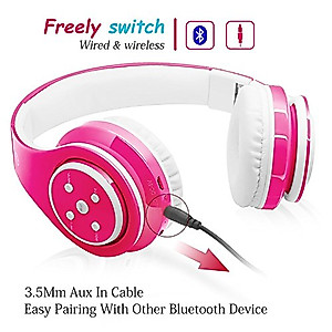 Kids Bluetooth Headphones 85db/110db Volume Limit Wireless/Wired Aux Port Foldable Noise Protection Over-Ear Build-in Mic Headphones for Kids Adults Travel School Phone Pad Tablet PC Pink