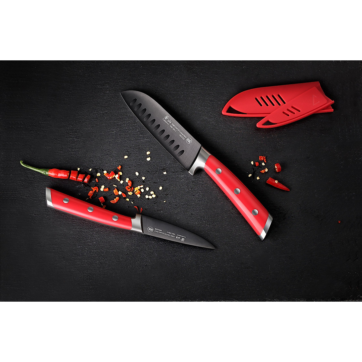 Cangshan S+ Series 1022131 German Steel Forged 2-Piece Titanium Coated Santoku Starter Knife Set with Sheaths, Jupiter Red