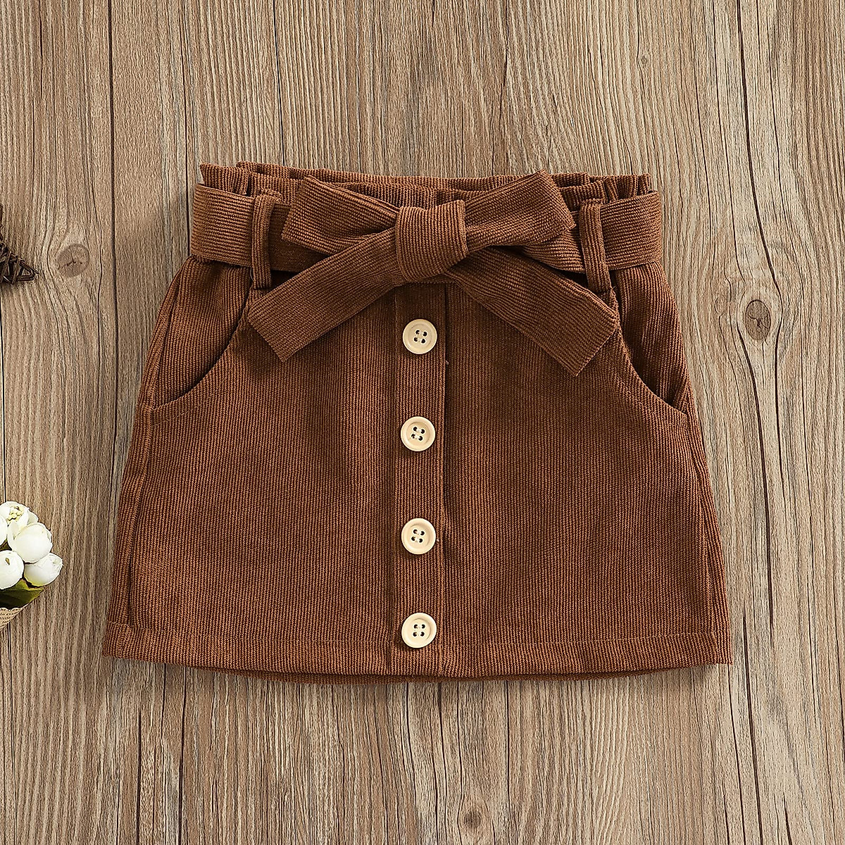 Mubineo Toddler Baby Girl Basic Plain Corduroy Button Skirt Casual Mini Skirts with Belt (Brown, 4T)