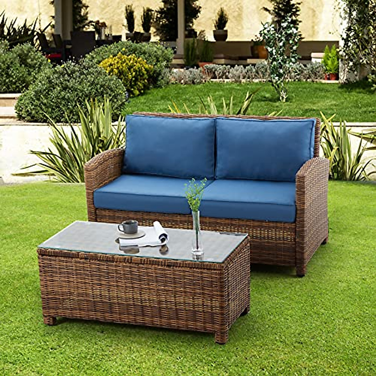 ECOTOUGE Rattan Coffee Table, Wicker Patio Tea Table, Rattan Patio Coffee Tables w/Glass Top