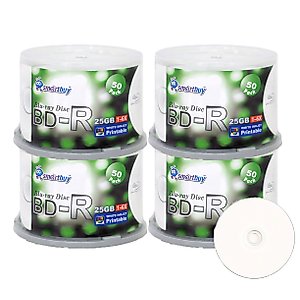 Smartbuy 200 Pack Bd-r 25gb 6X Blu-ray Single Layer Recordable Disc Printable White Inkjet Blank Data Video Media 200 Disc Spindle