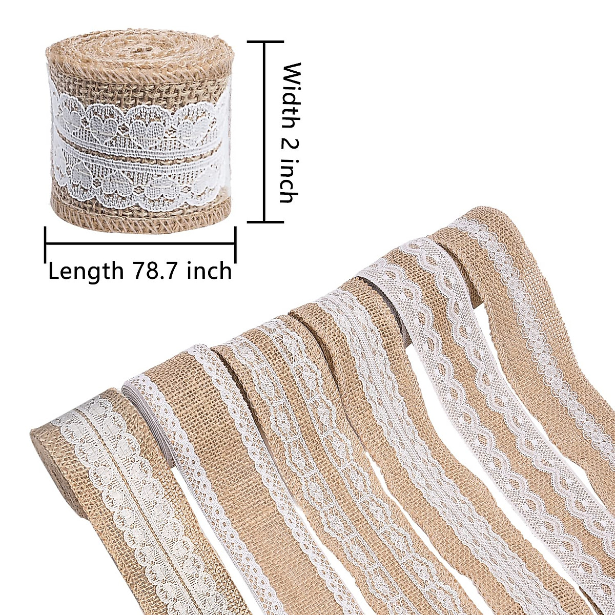 Livder 6 Rolls 2 Inch Width Natural Jute Burlap Ribbon with White Lace for DIY Home Decoration, Wedding Party and Gift Packaging