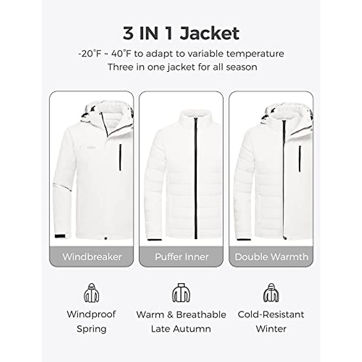 Wantdo Men's 3 in 1 Mountain Waterproof Winter Snowboarding RainCoat Ivory M