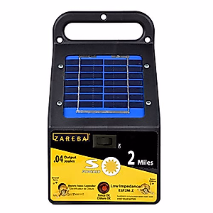 Zareba ESP2M-Z Solar Powered Low Impedance Electric Fence Charger - 2 Mile Solar Powered Electric Fence Energizer, Contain Animals and Keep Out Predators