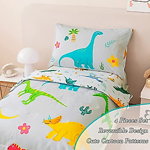 PERFEMET 4-Piece Toddler Bedding Set Cartoon Dinosaur Print Boys Toddler Comforter Reversible Colorful Kids Bed in A Bag Includes Comforter, Fitted Sheet, Flat Sheet and Pillowcase(Grey, Dinosaur)