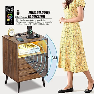 FREDEES Night Stand with Charging Station (Wireless/USB/Type-C) and LED Lights, Smart Side Table, Nightstand Wood with Drawers, Bedside Table for Bedroom Living Room (Brown)