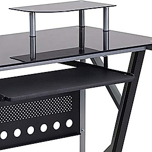 Flash Furniture Singleton Black Glass Computer Desk with Pull-Out Keyboard Tray and CPU Cart