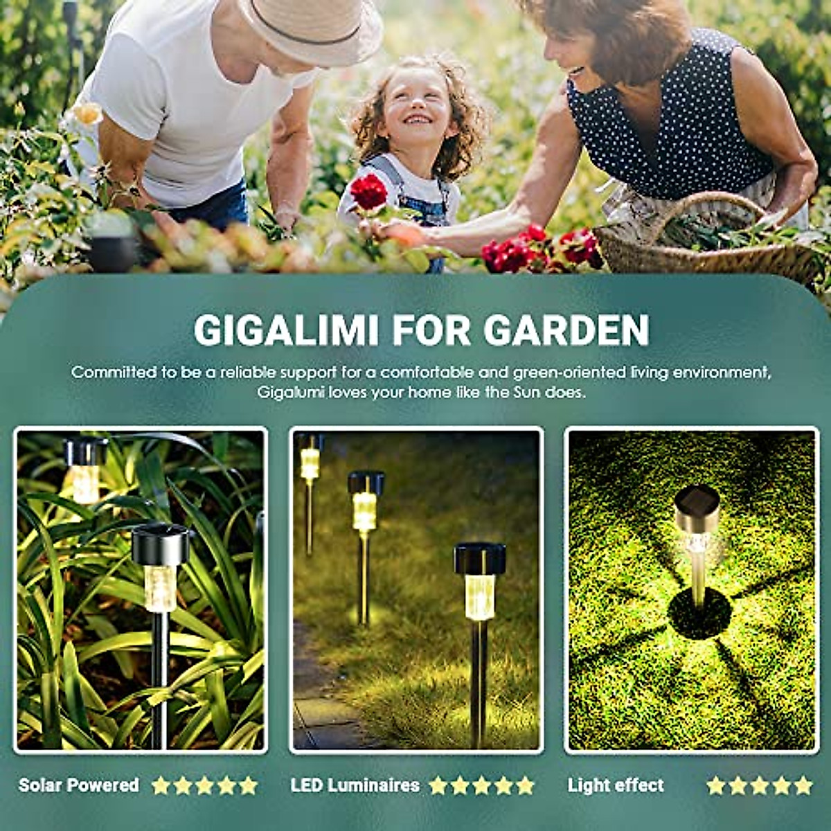 GIGALUMI 16 Pack Solar Path Lights Outdoor,Solar Lights Outdoor Waterproof,Stainless Steel LED Landscape Lighting,Solar Garden Lights for Driveway,Pathway,Patio,Yard