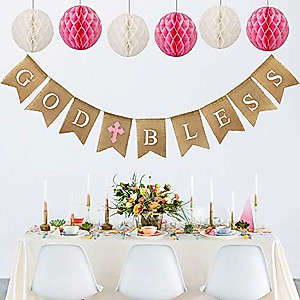 Baptism Decorations for Girls with 6pcs Paper Honeycombs, Baptism Banner Confirmation Communion Decorations