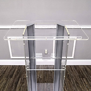 FixtureDisplays Clear Acrylic Plexiglass Podium Curved Steel Sides Church Pulpit School Lectern Debate Funeral Home Conference 14310-NF