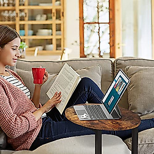 Small Side Table C Table End Table - Small Wood Coffee Table TV Tray for Eating Couch Tables That Slide Under, Modern C Shaped Side Table for Small Space, Oval Table Top Design, Rustic Brown
