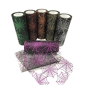 Halloween Tulle, 6 Inch x 10 Yards (30 Feet) Black Tulle Fabric, Spider Web Tulle Rolls, Black Spider Web, Glitter Tulle Rolls Silver