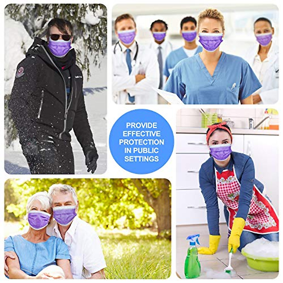 70PCS Adult Size Disposable Protective Face Mask 3-Layer Individually Packed, Soft Elastic Earloop Skin-Friendly Breathable Adjustable Fit Nose Clip Sanitary Safe Nonwoven Fabric Filtration (Lavender)