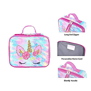 KK CRAFTS Cute Insulated Lunch Box For Girls Boys Kids Toddlers Preschool Kindergarten Elementary(Small,Sequin Rainbow Unicorn)