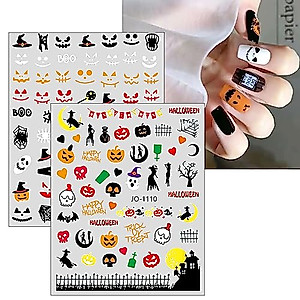 JMEOWIO 9 Sheets Halloween Nail Art Stickers Decals Self-Adhesive Pegatinas Uñas Pink Skull Ghost Witchy Spider Web Pumpkin Spook Nail Supplies Nail Art Design Decoration Accessories