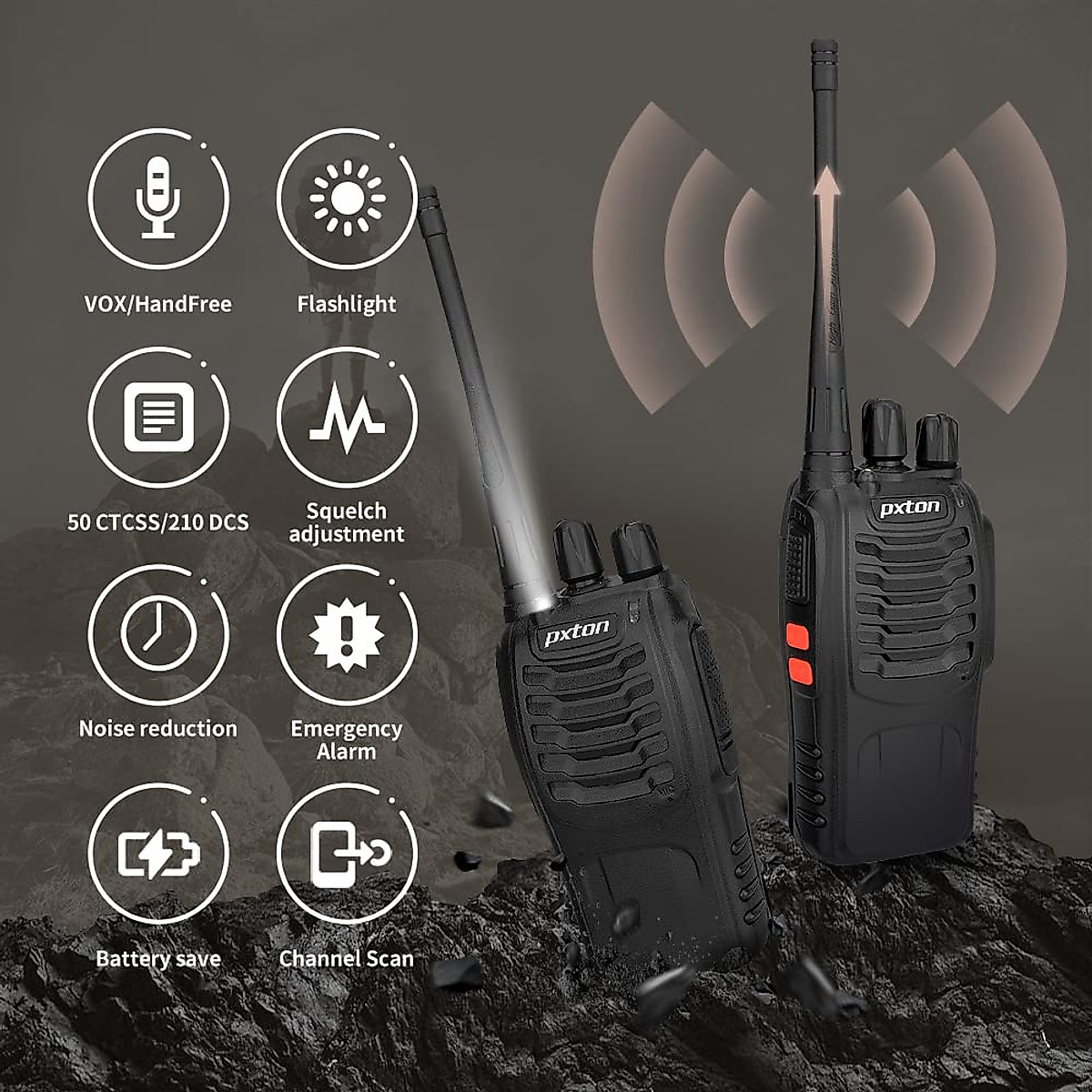 pxton walkie talkies for Adults Long Range with USB Charger and Upgraded Earpieces,Handheld Portable Two Way Radio walkie Talkie Rechargeable Include Li-ion Battery and Flashlight（4 Pack） Black