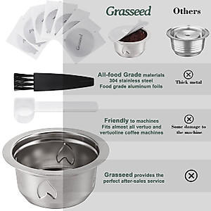 Grasseed Refillable Vertuo Capsule, Reusable Stainless Steel Vertuo Pod Kit with 100 Foil Lids, Spoon, Brush, Brew 7.8oz- Compatible with Vertuoline Machine