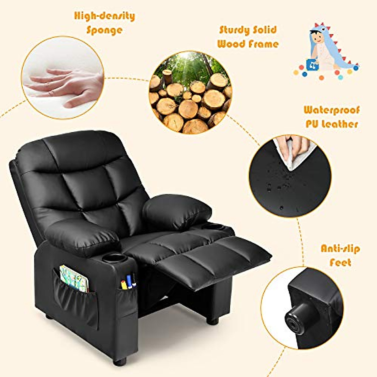 Costzon Kids Recliner Chair with Cup Holder, Adjustable Leather Lounge Chair w/Footrest & Side Pockets for Children Boys Girls Room, Ergonomic Toddler Furniture Sofa, Kids Recliner (Black)