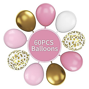 FunHot Pink and Gold Balloons, 60Pcs Retro Pink White Balloons, 12 Inch Metallic Gold Confetti Balloons Helium Light Pink Latex Party Balloons for Girls Baby Shower Birthday Princess Party Decorations