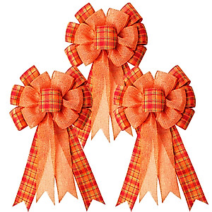 3Pcs Large Fall Thanksgiving Wreath Gift Bow -18.8x10.6inch Orange Buffalo Plaid Check Wreath Swag Bow Wreath Pre-Tied Bow for Fall, Thanksgiving, Christmas, Home Indoor Outdoor Ornaments