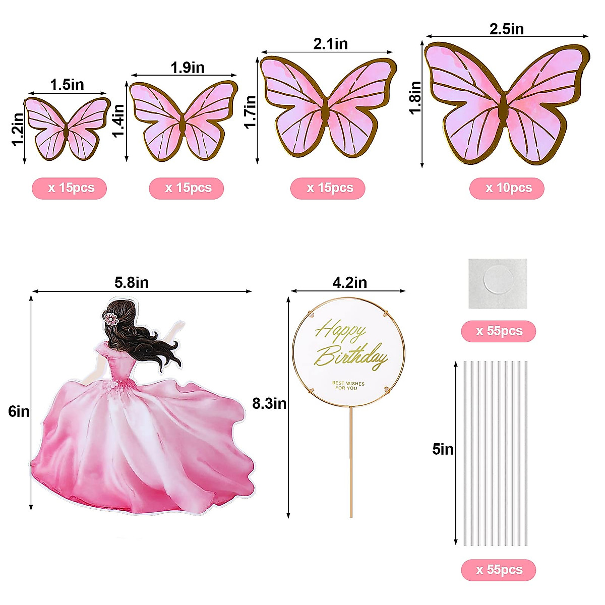 Cadeya Butterfly Happy Birthday Cake Toppers Set, 56 Pcs Butterfly Cake Decorations Party Supplies with 1 Pcs Metal Gold Happy Birthday Cake Topper for Kids Wedding (Pink)