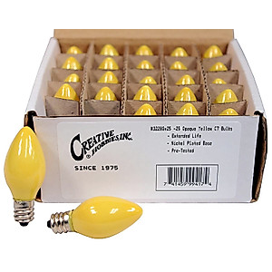 Box of 25 Light Bulbs - Opaque Yellow, Steady Burning, 7 Watt, C7 -E12 Candelabra Base -Great for Night Lights, Decorative Lights and Christmas Strings