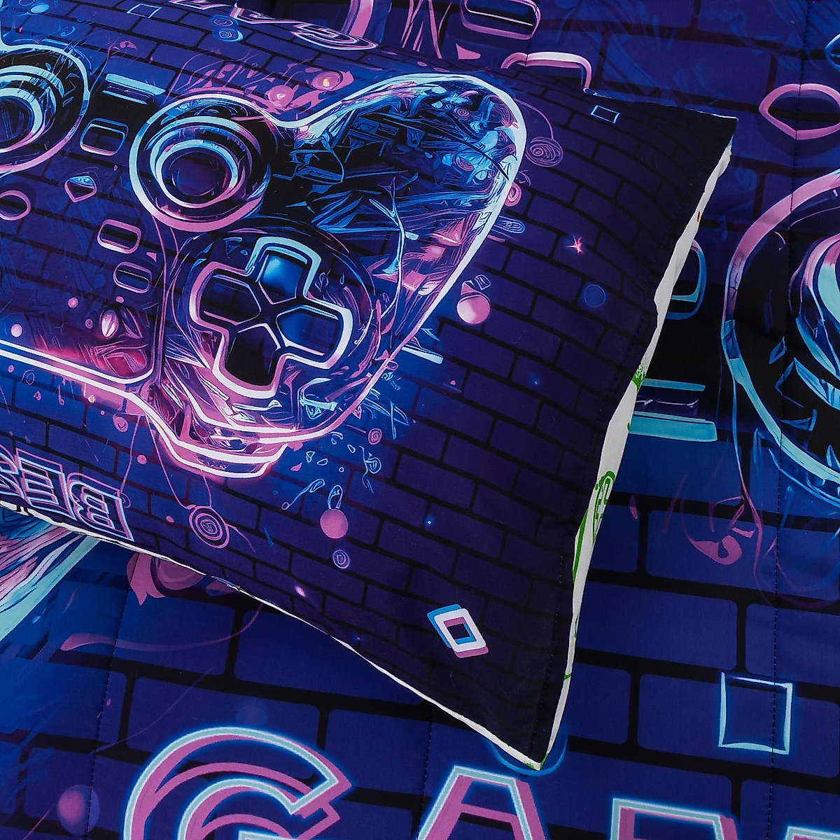 A Nice Night 5Pcs Gaming Comforter Set,Blue Purple 3D Game Contoller Themed Printing Bedding Sets for Kids Teen Boys, Reversible Comforter for All Seasons,Twin