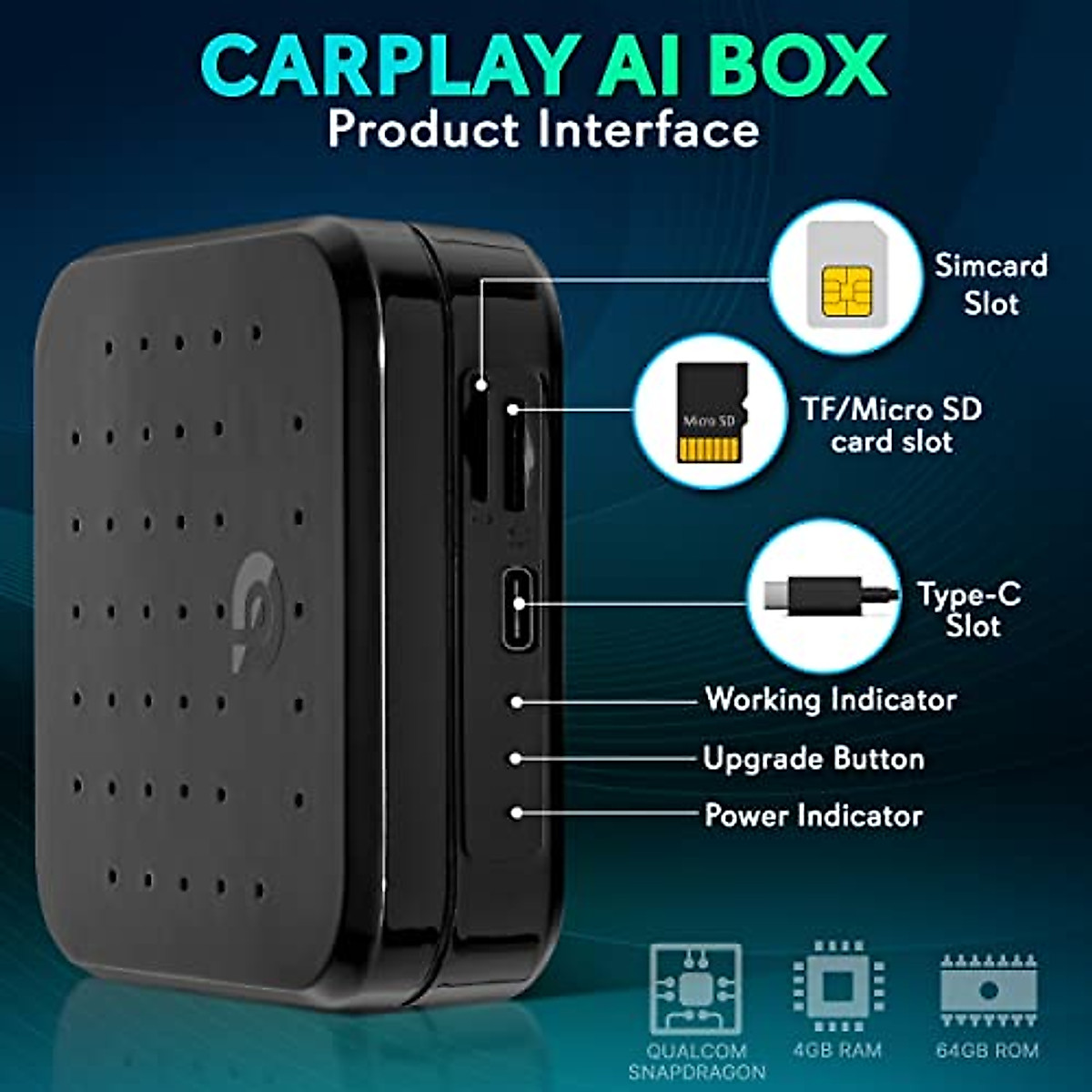 Pyle Wireless Carplay iA Box, 4GB RAM 64GB ROM, 2.4GHz, 5GHz Dual Band WiFi BT Octa Core 64Bits D, 4K Full HD, H.265, USB3.0 Android Box, Screen Mirroring, Install Android Apps - PAS22BK