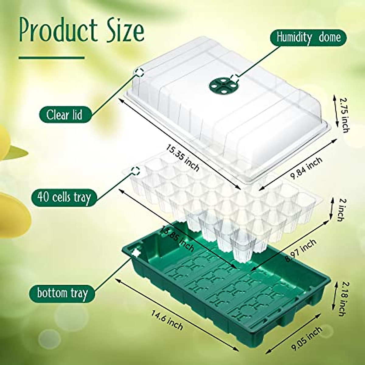 10 Pcs Seed Starter Tray 40 Cells Seed Starter Kit with Humidity Dome and Base Propagation Tray Plant Germination Greenhouse Mini Propagator Station for Seeds Growing, Total 400 Cells(Green,10 Pcs)