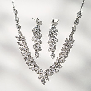 SWEETV Wedding Jewelry Set for Brides Bridesmaid Women, Cubic Zirconia Rhinestone Necklace Dangle Earrings Jewelry Set for Women, Chandelier Bridal Jewelry Set for Wedding Party Costume (0.2 Silver)